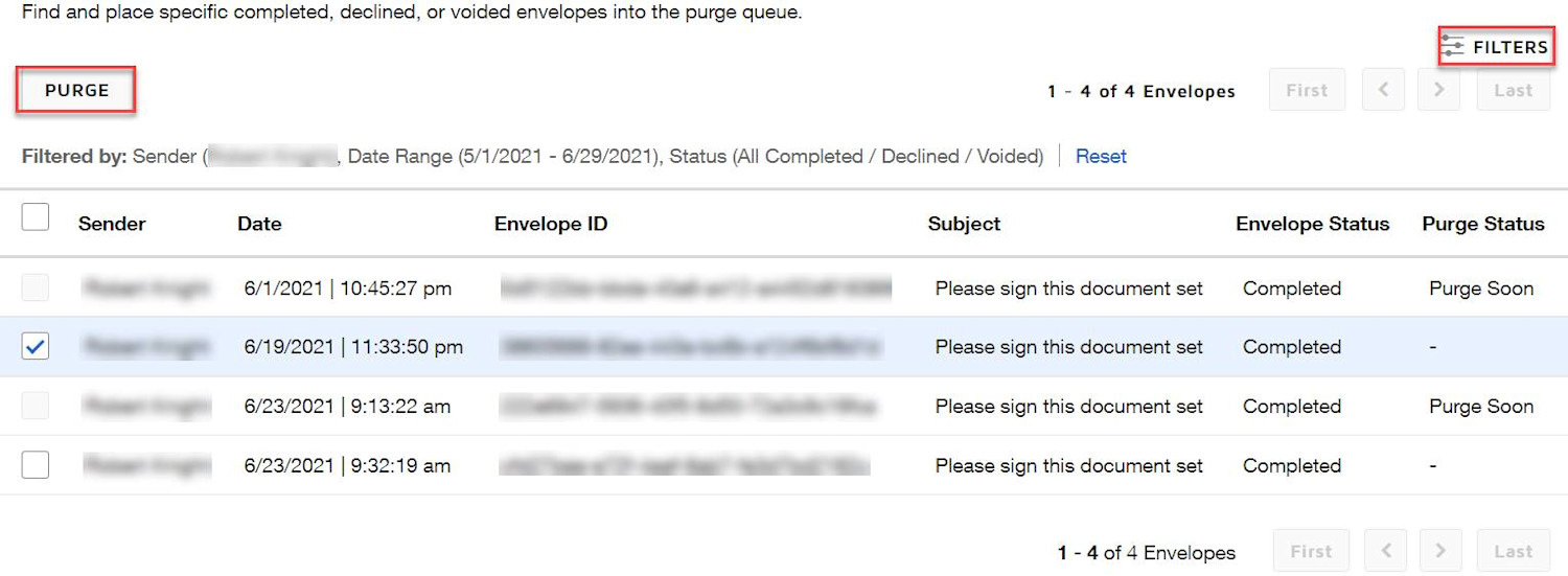 Purging documents in an envelope