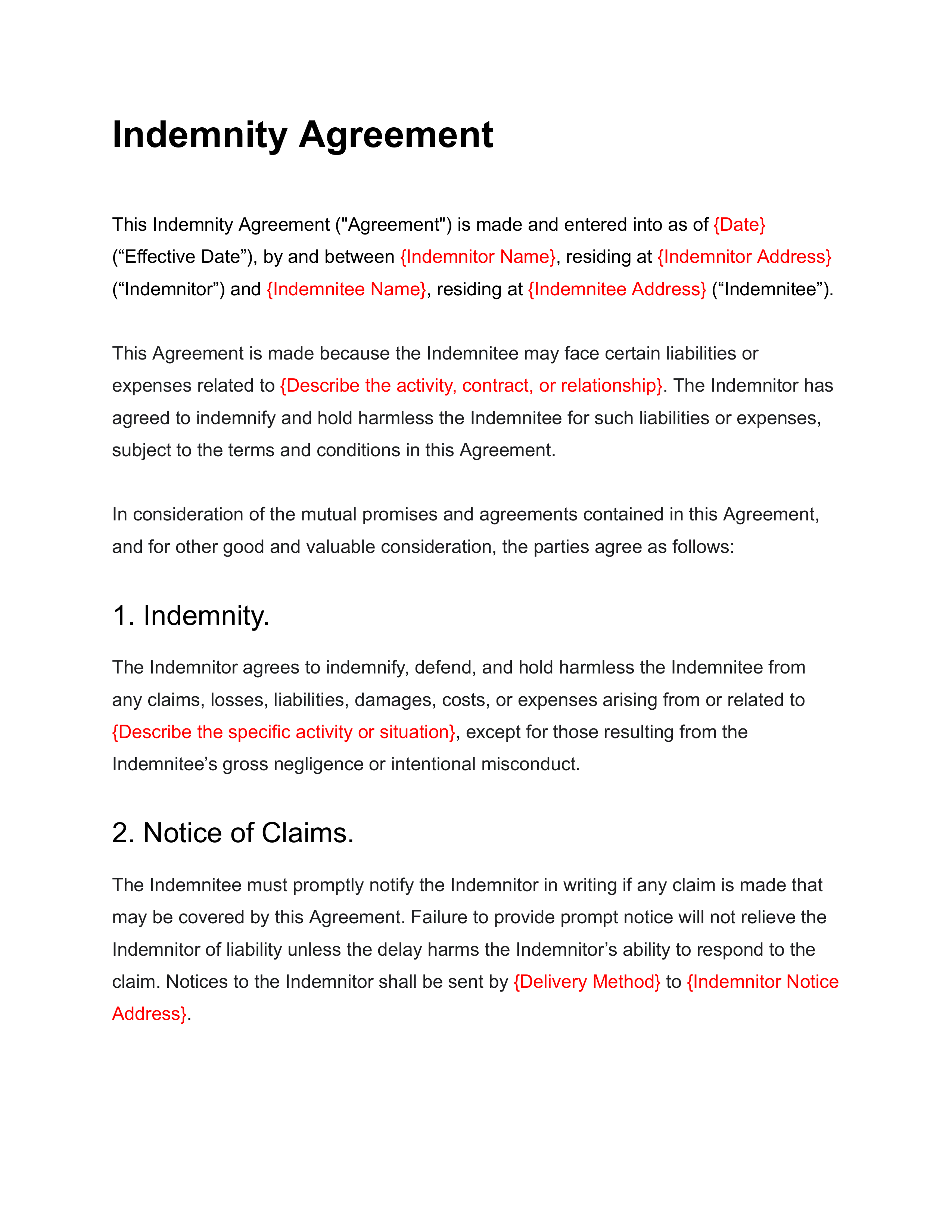 Indemnity Agreement Template: Free Indemnification Contract | Docusign