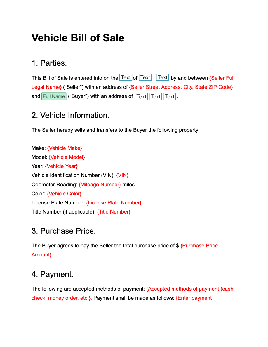 Free Vehicle Bill of Sale Template and Sample Contract | Docusign