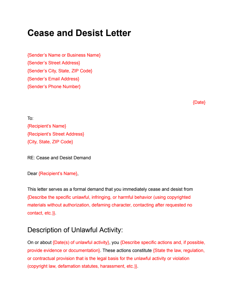 Free Cease and Desist Template and Demand Letter Example | Docusign