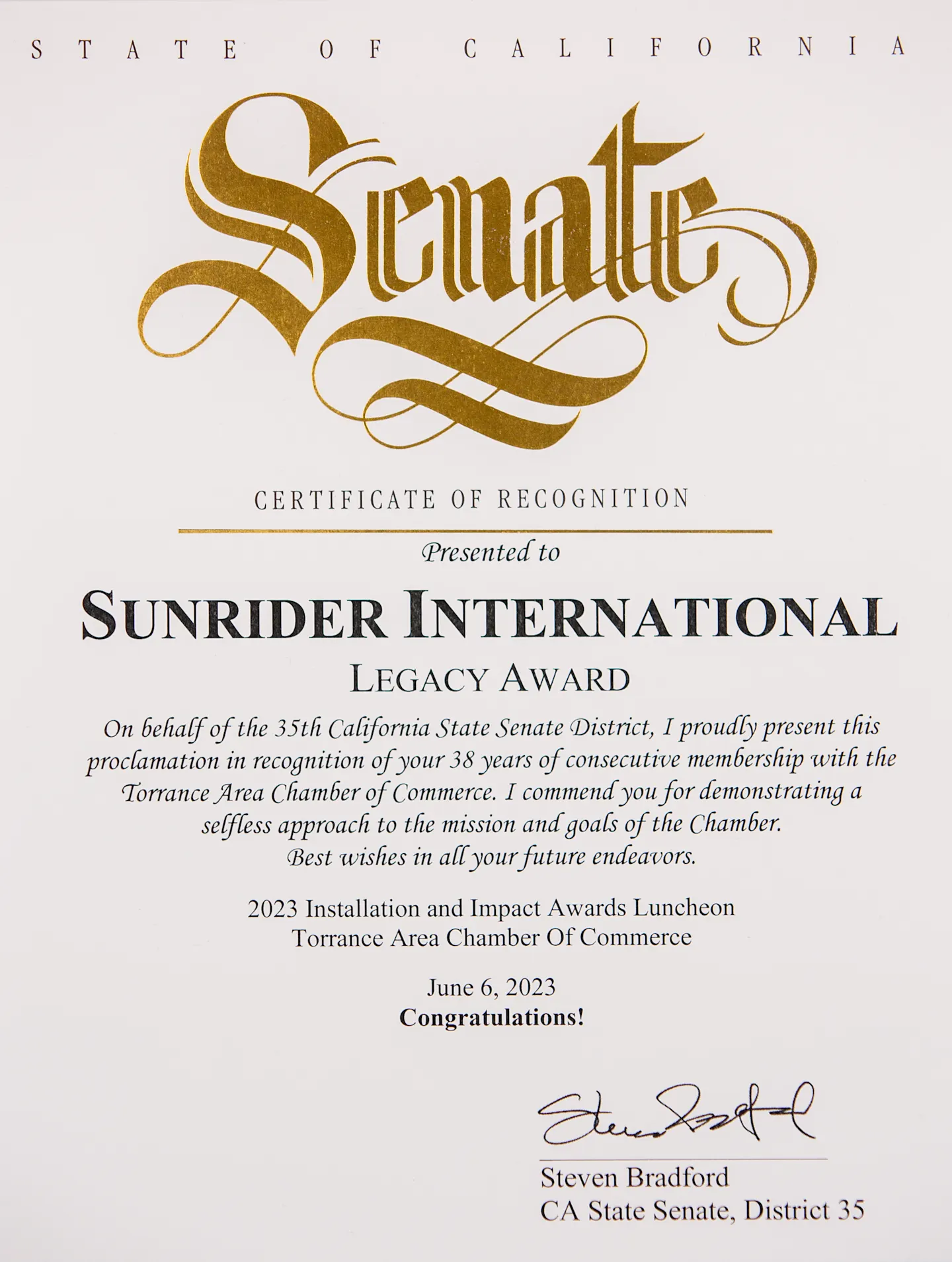 Sunrider Presented with the Legacy Award by the Torrance Area Chamber ...