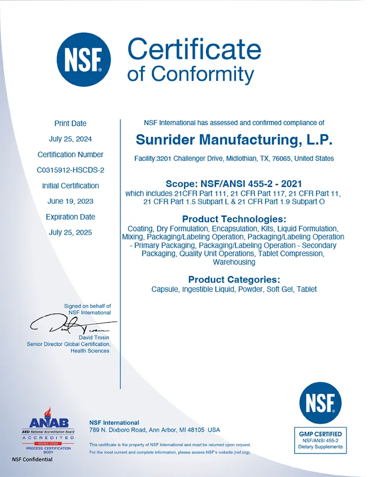 Sunrider Manufacturing Texas Plant Achieves NSF Food-Safety Certification | Sunrider