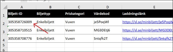 Se biljett-Id i excel