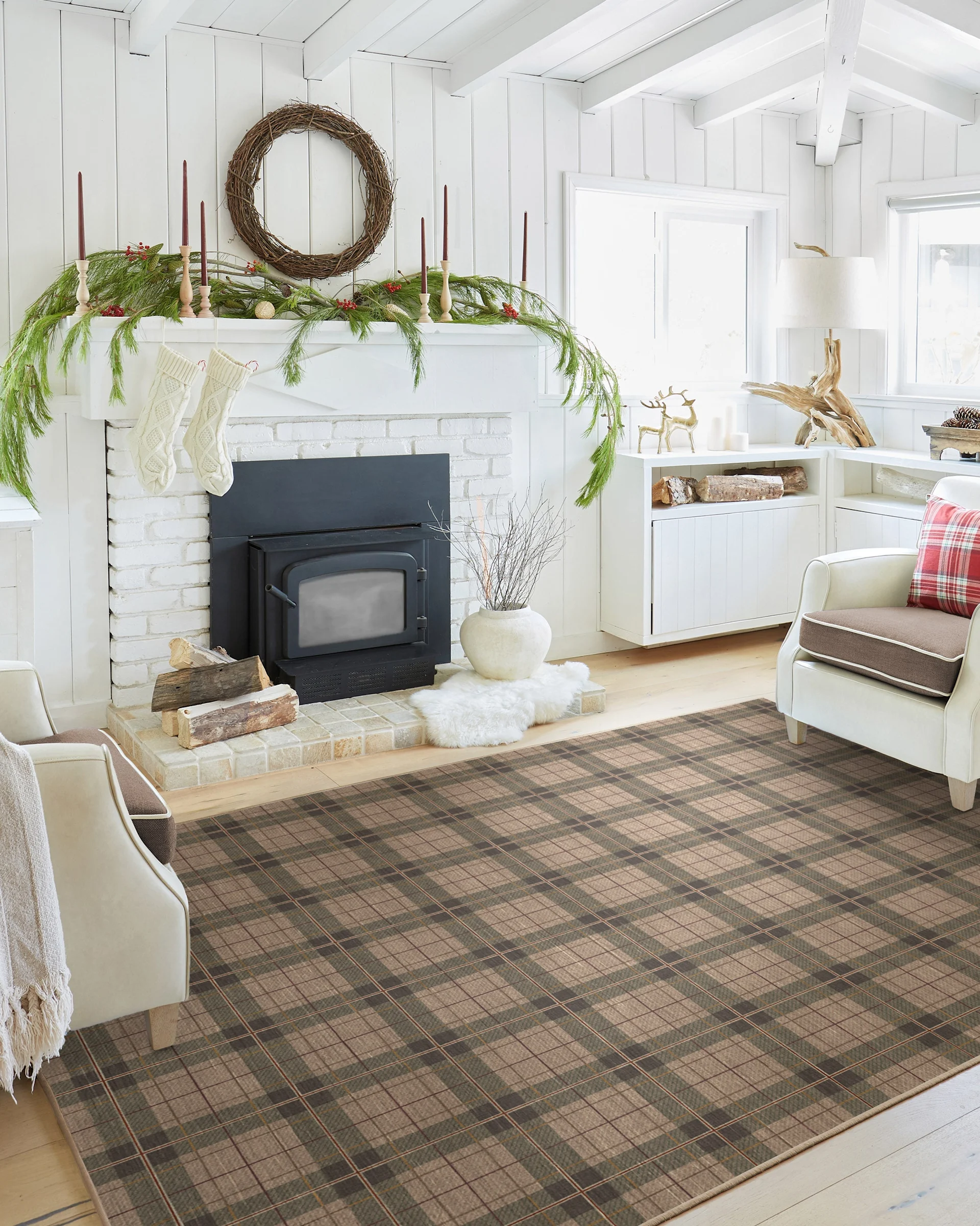 Alfie Plaid Natural & Green Rug | Ruggable
