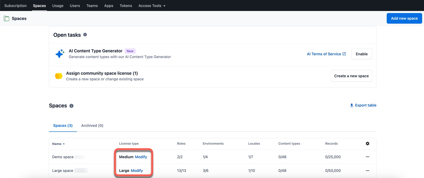 Manage space licenses | Contentful Help Center