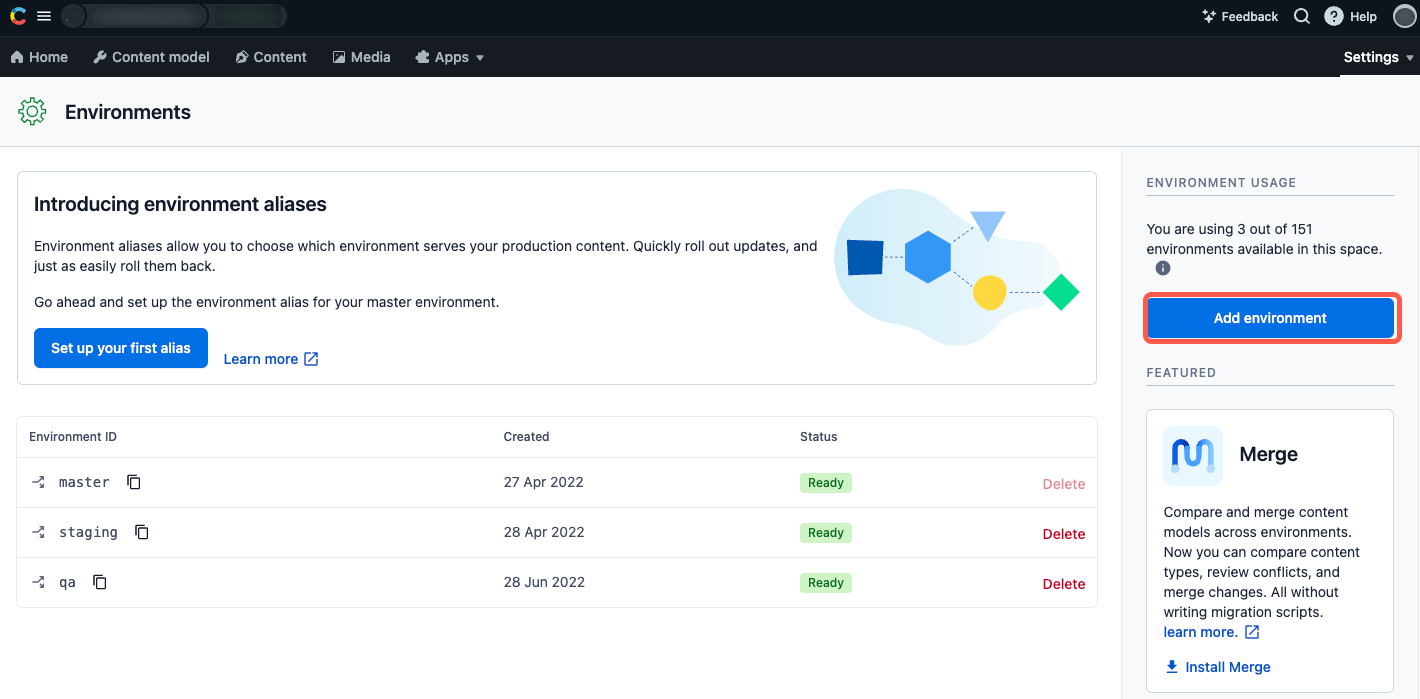 Create an environment | Contentful Help Center