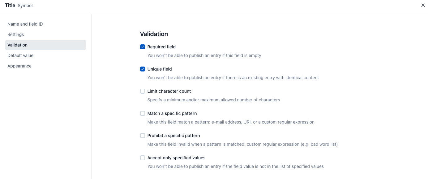 Add validations to existing fields | Contentful Help Center