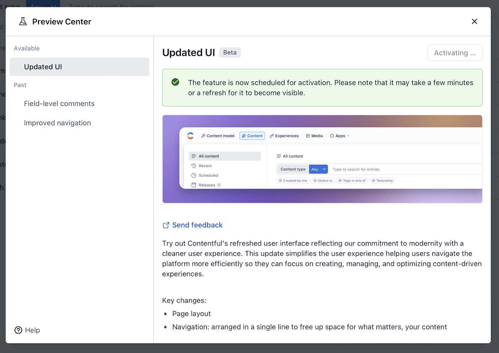 Preview center: release lifecycle | Contentful Help Center