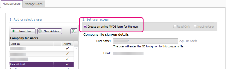 Link a user ID to your MYOB account
