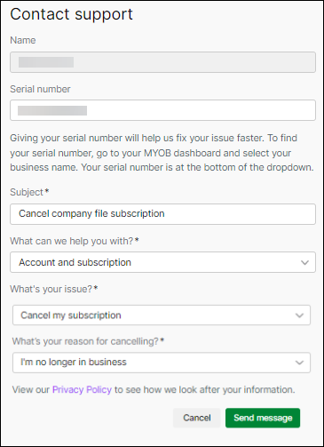 Cancelling an AccountRight company file subscription