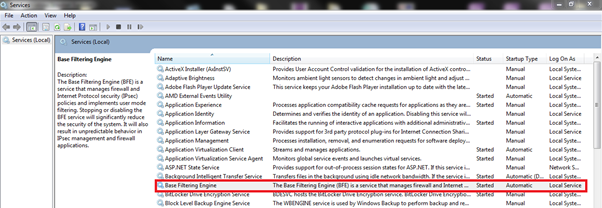 Error: The Base Filtering Engine (BFE) service doesn't exist or can't ...