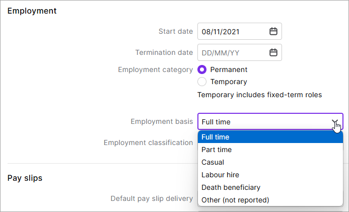 Changing an employee from full time, part time or casual