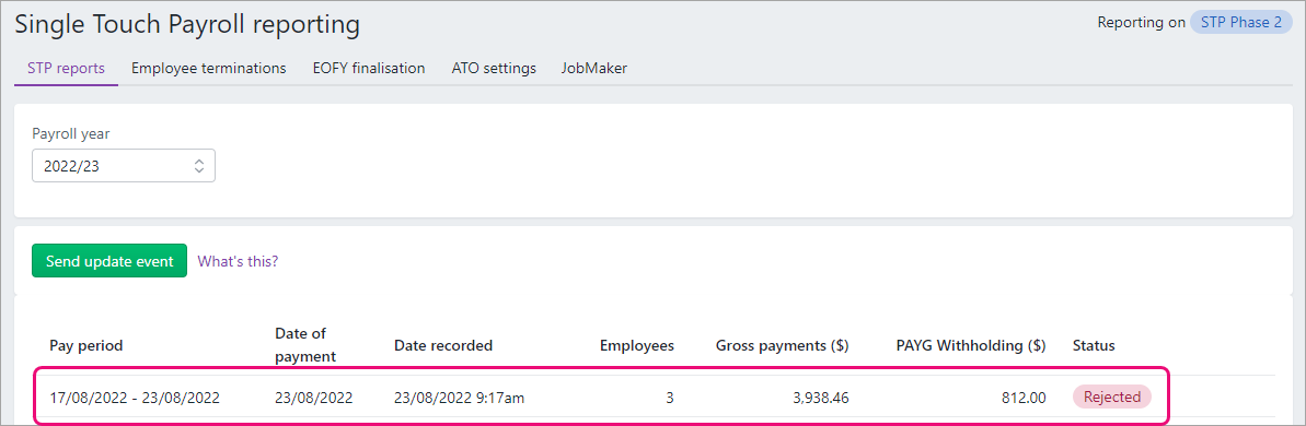 Fix rejected reports in Single Touch Payroll