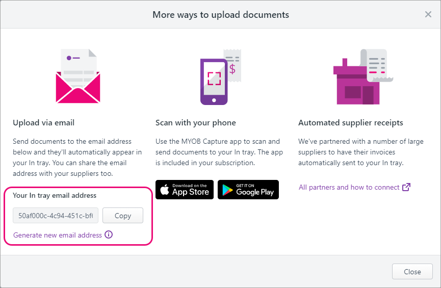Emailing documents to your In tray