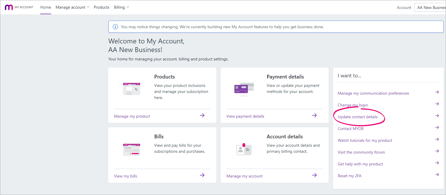 MYOB subscription, invoices and payment details