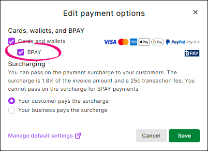Turning BPAY on or off for online payments