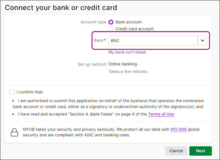 Connecting a BNZ account to MYOB