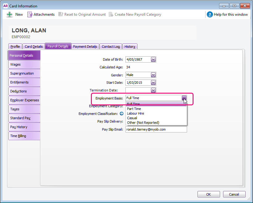 Changing an employee from full time, part time or casual
