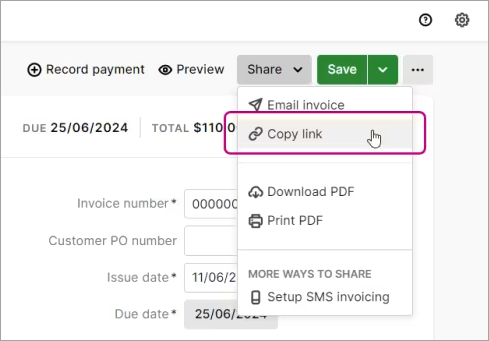 Sending an online invoice link to a customer