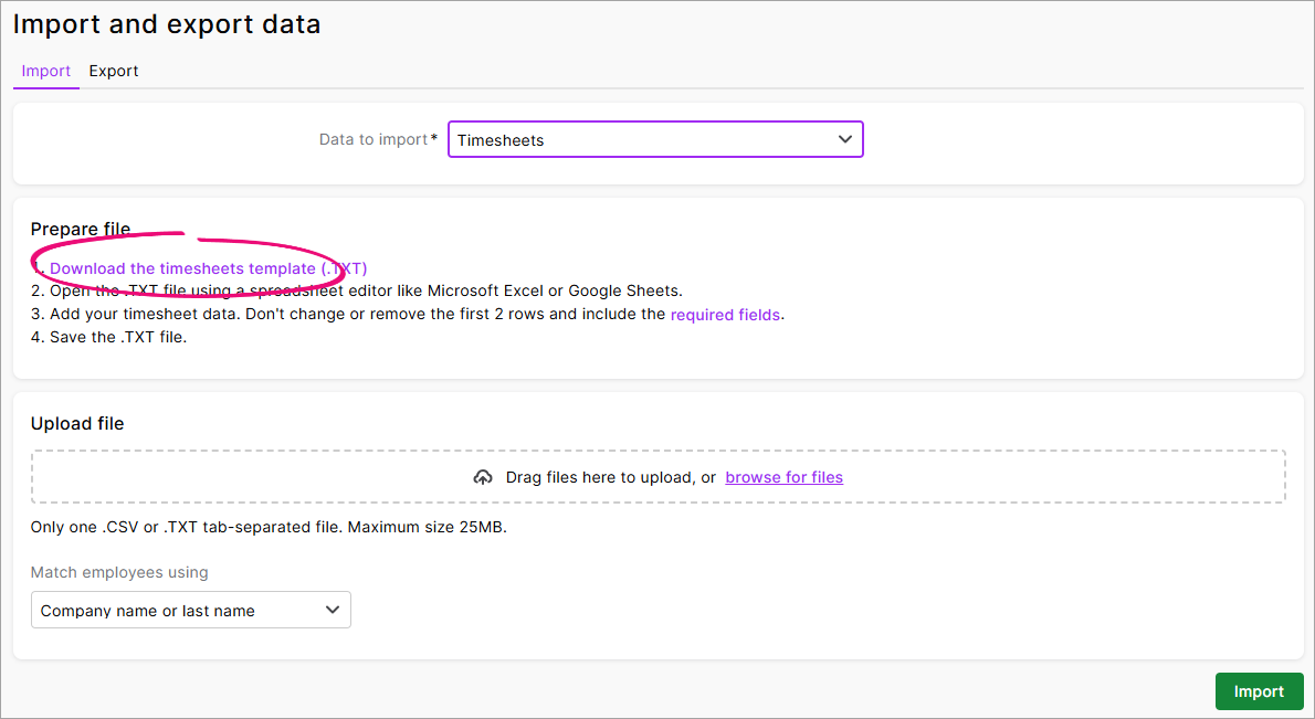 Importing timesheets