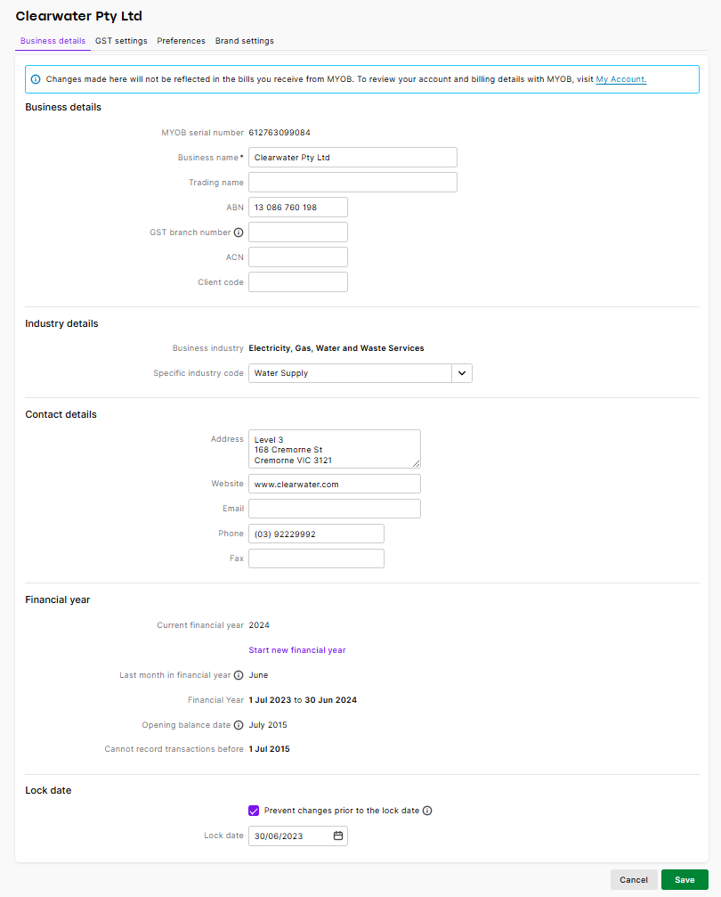 Changing the business name on your MYOB file