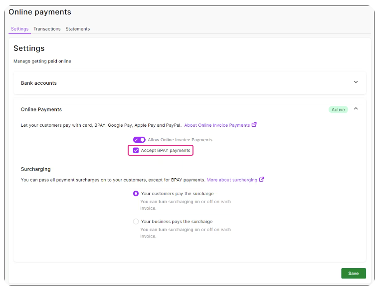 Turning BPAY on or off for online payments