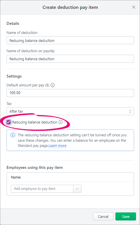 Reducing balance deductions