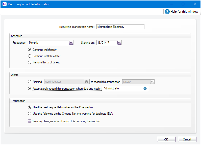 Setting up recurring transactions