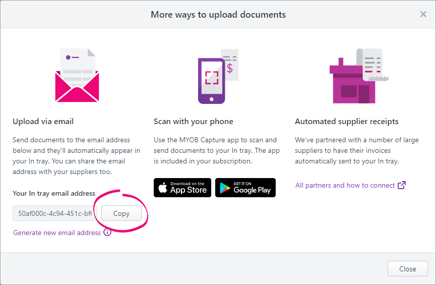 Emailing documents to your In tray