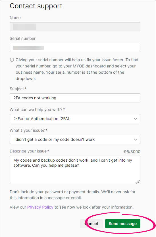Submitting a support request in My Account