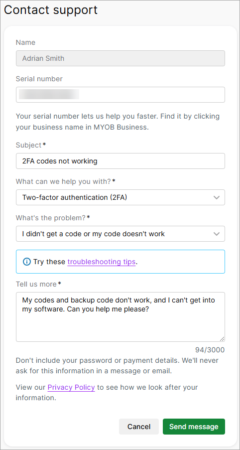 Submitting a support request in My Account