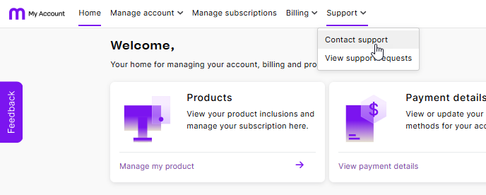 Submitting a support request in My Account