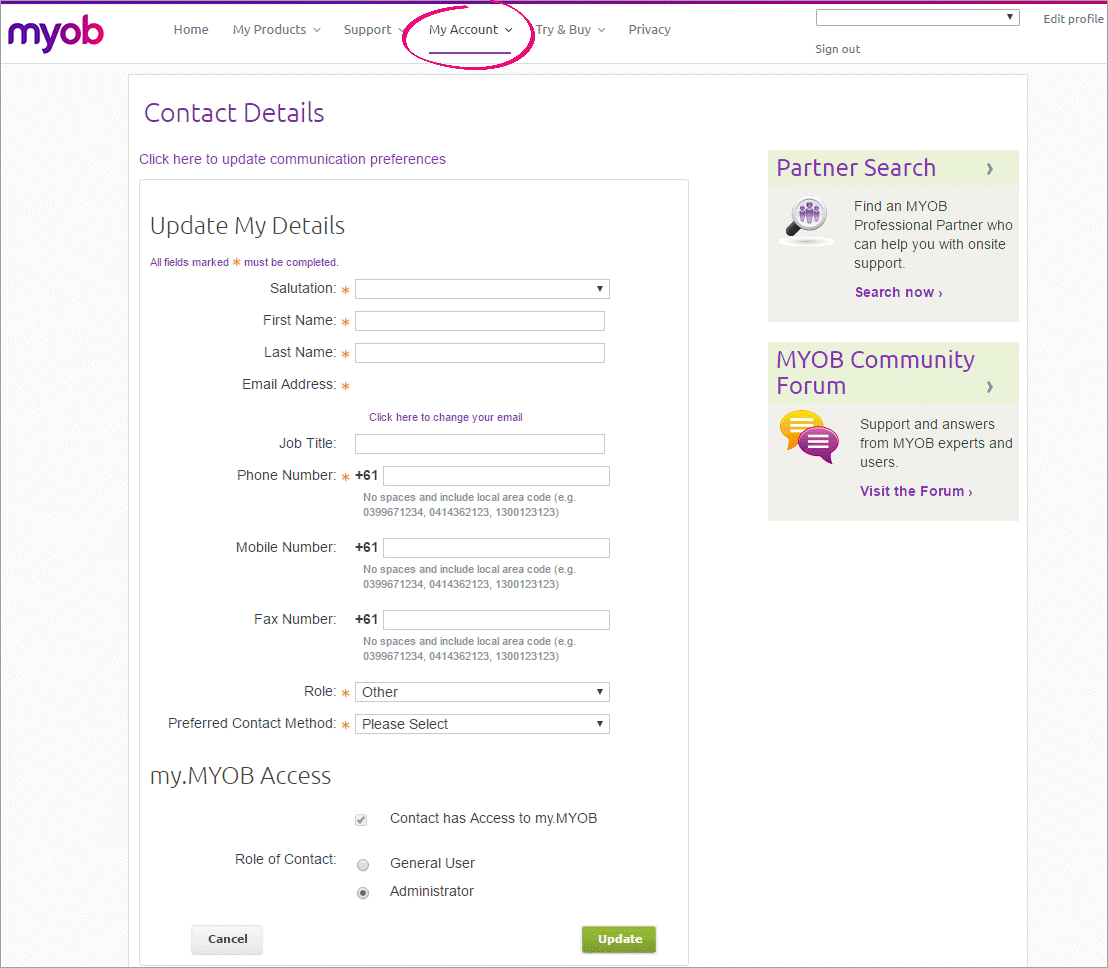 Managing your MYOB account