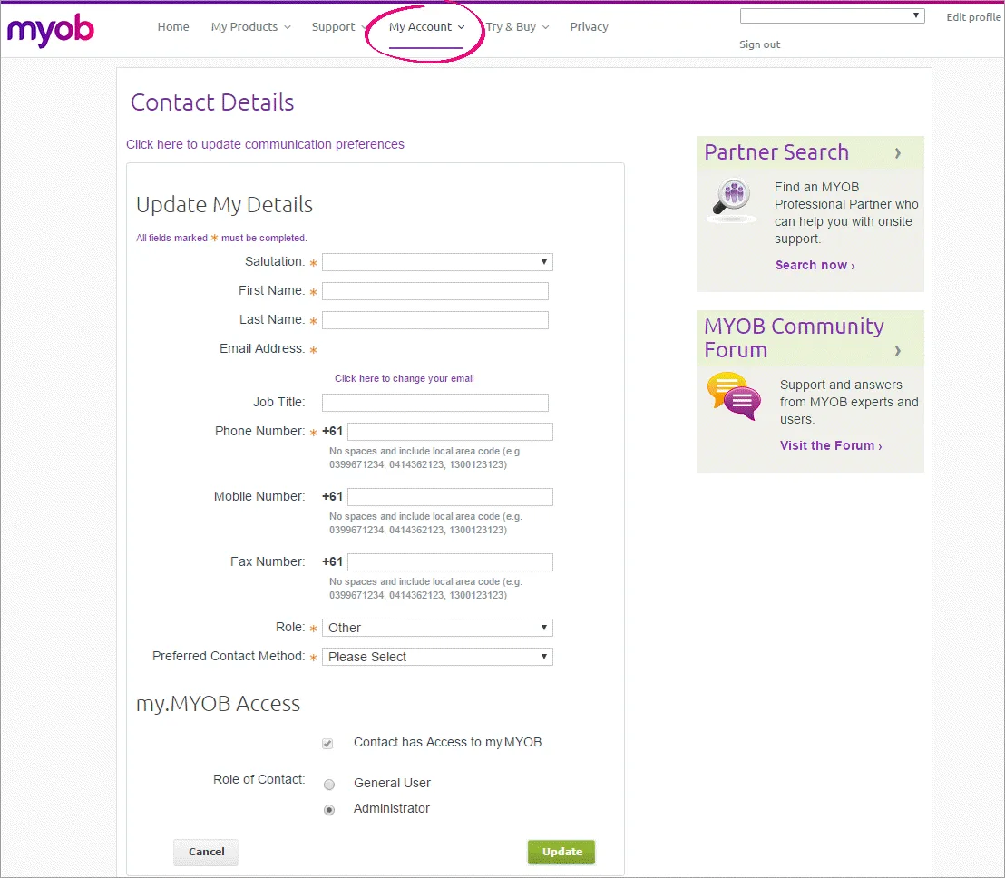 Managing your MYOB account