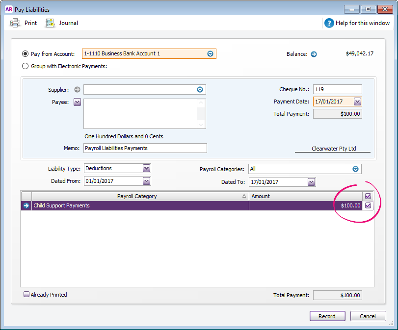 Removing paid amounts from the Pay Liabilities window