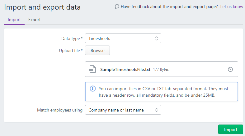 Importing timesheets