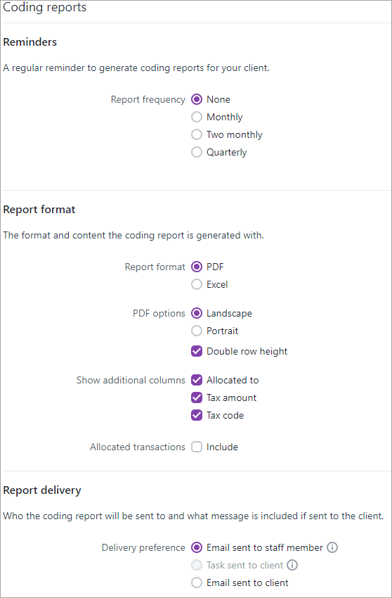 Coding report preferences