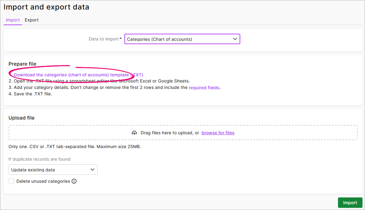 Importing and exporting categories