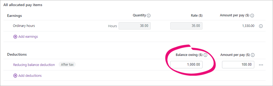 Reducing balance deductions
