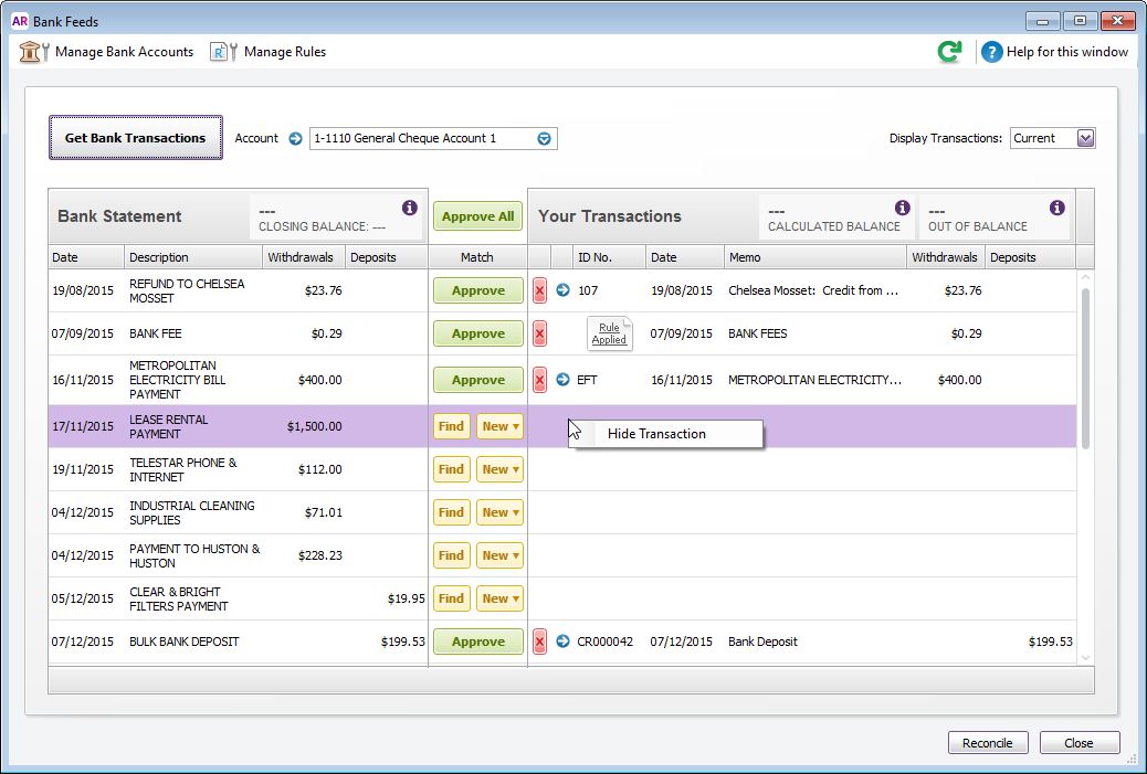 Matching a bank feed to multiple transactions