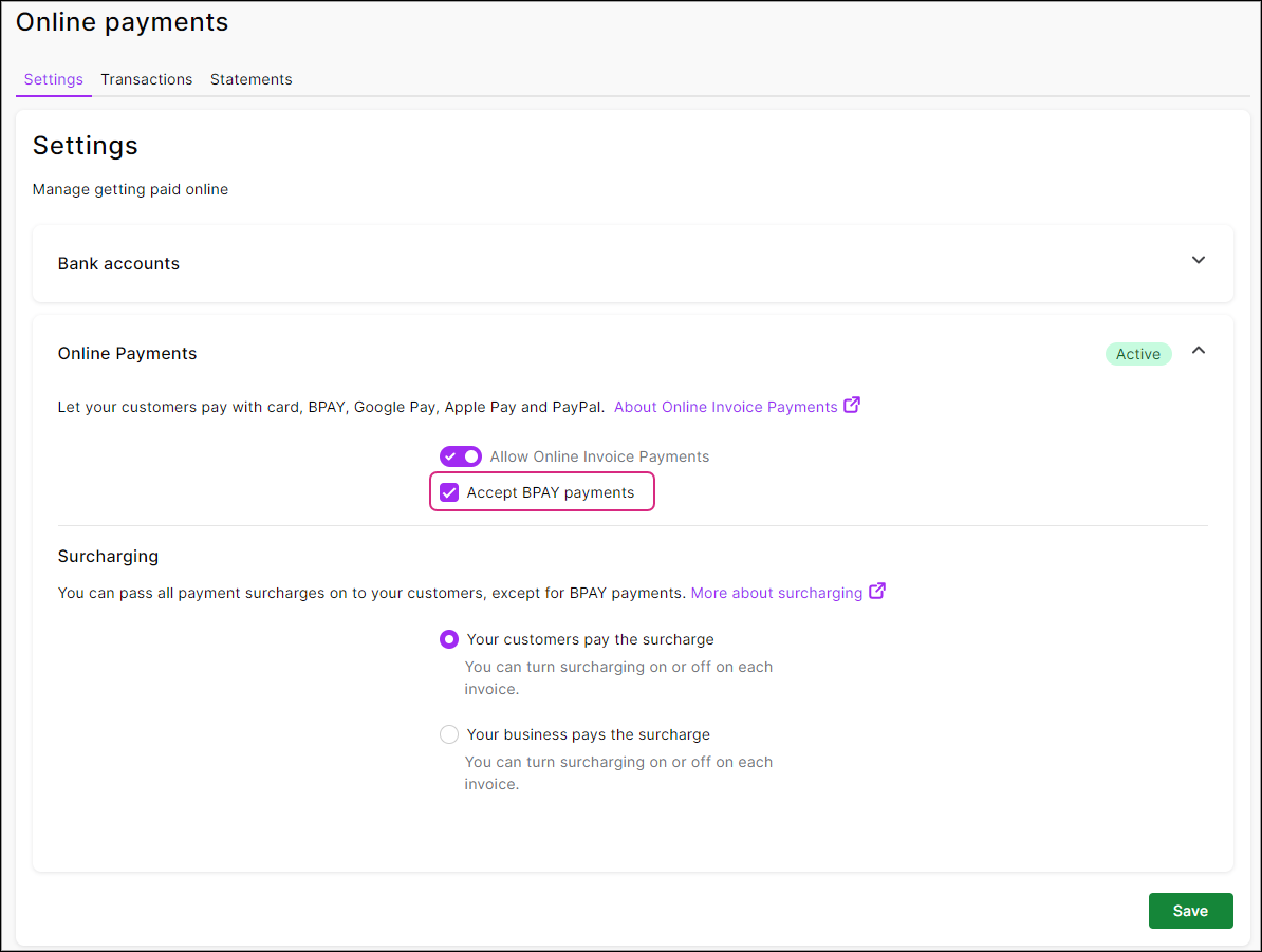 Turning BPAY on or off for online payments