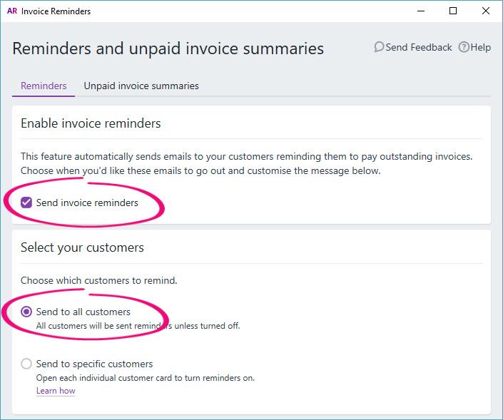 Setting up invoice reminders