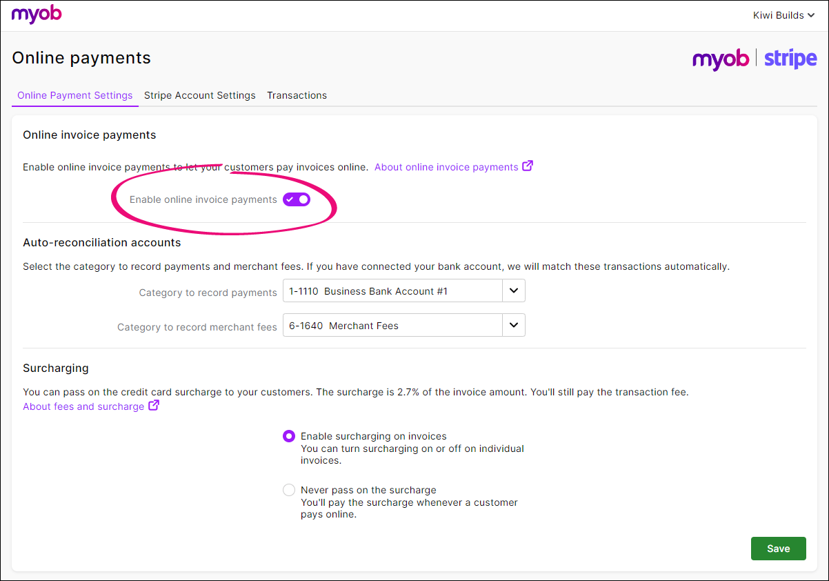 Turning online payments on or off