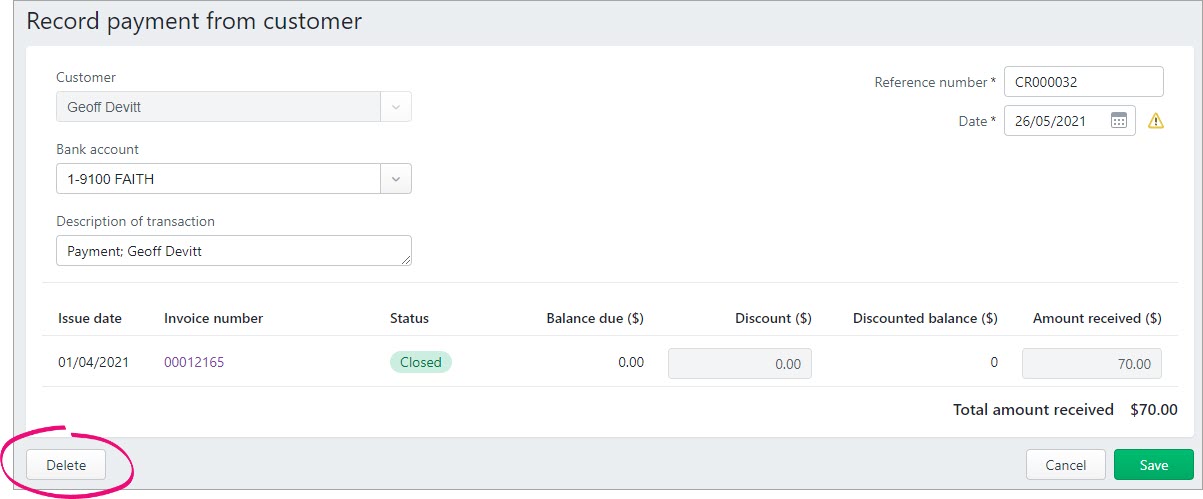 Deleting a customer payment