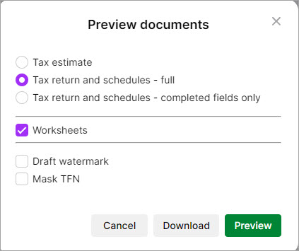 Printing tax return estimate, worksheets and schedules