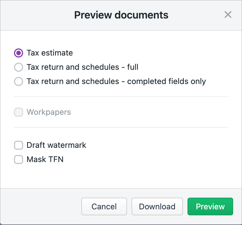 Printing an estimate and tax return, including workpapers and schedules