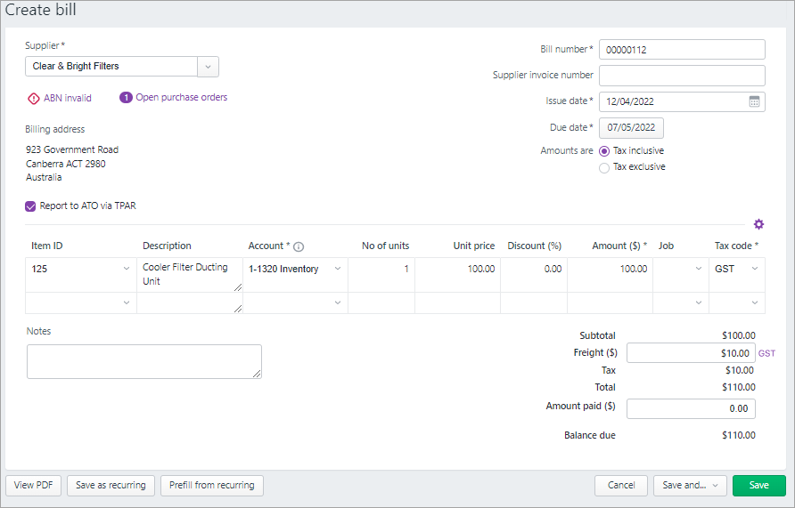 Enter a bill, quote or order