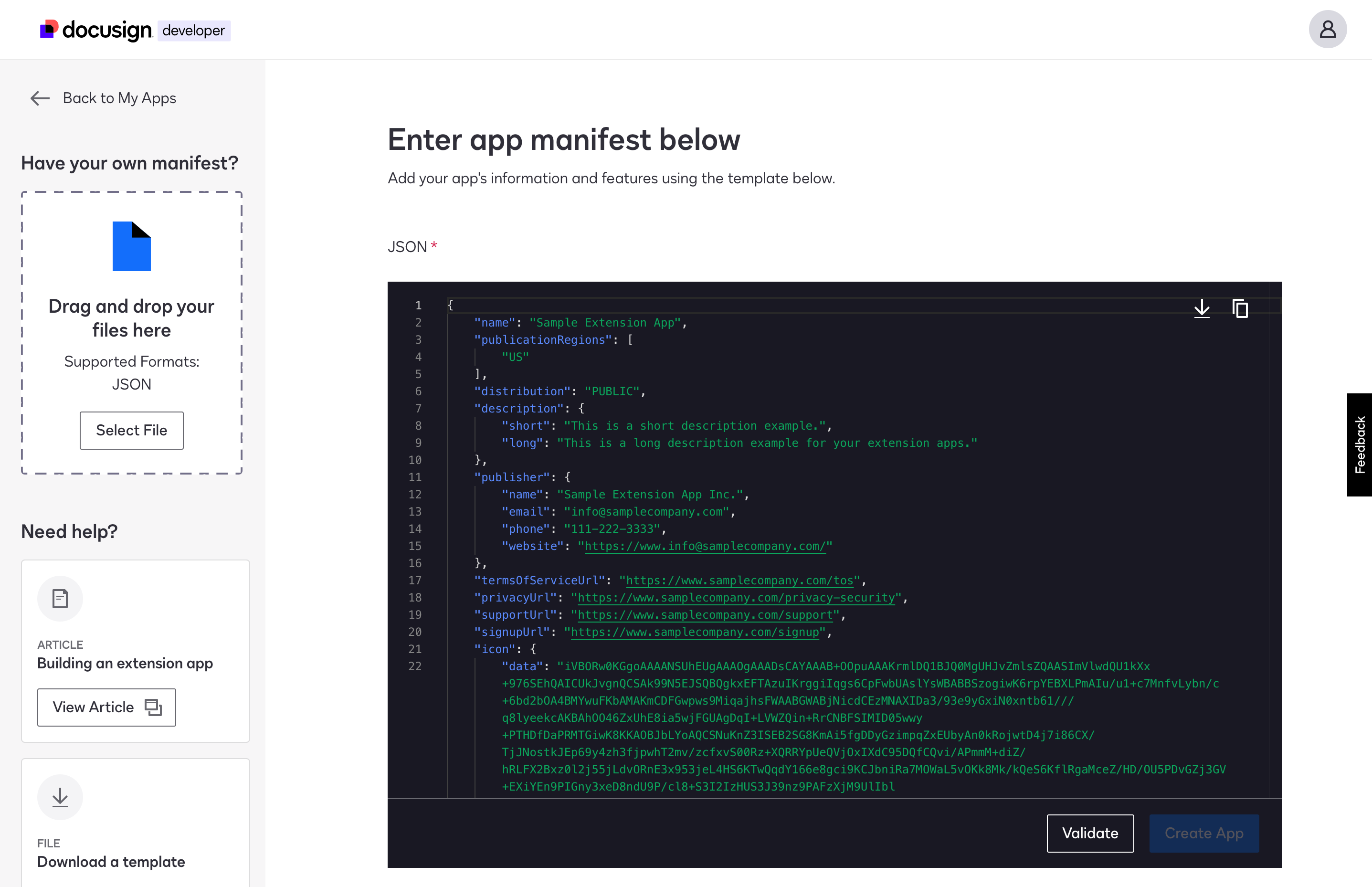 Use a manifest file to register an extension app | Docusign