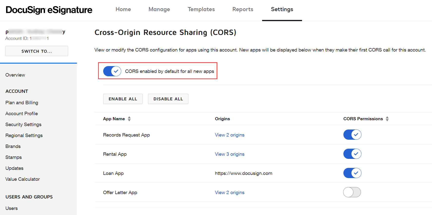 Enable Or Disable Cors For Apps Docusign