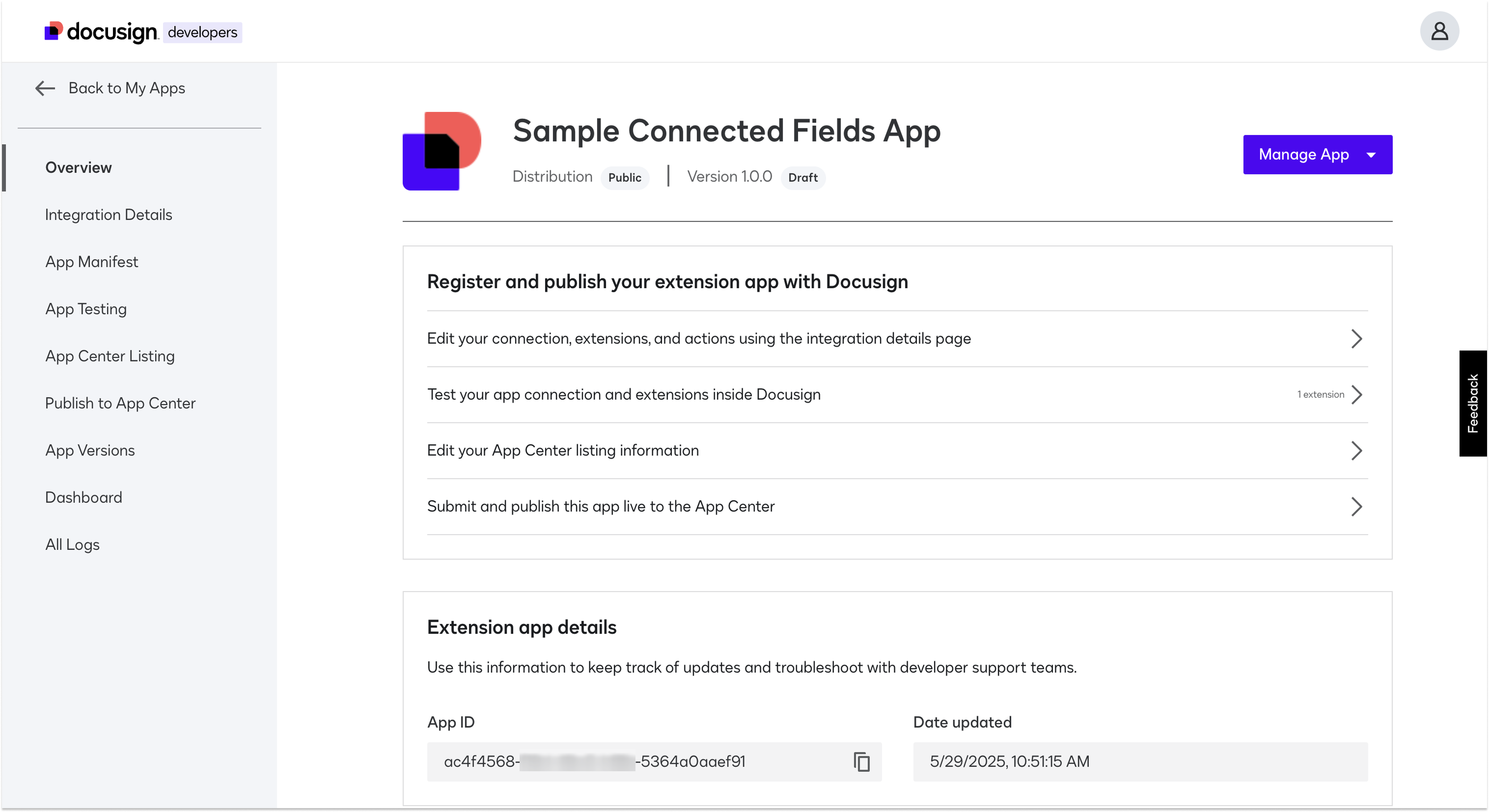 Use a form to register an extension app | Docusign
